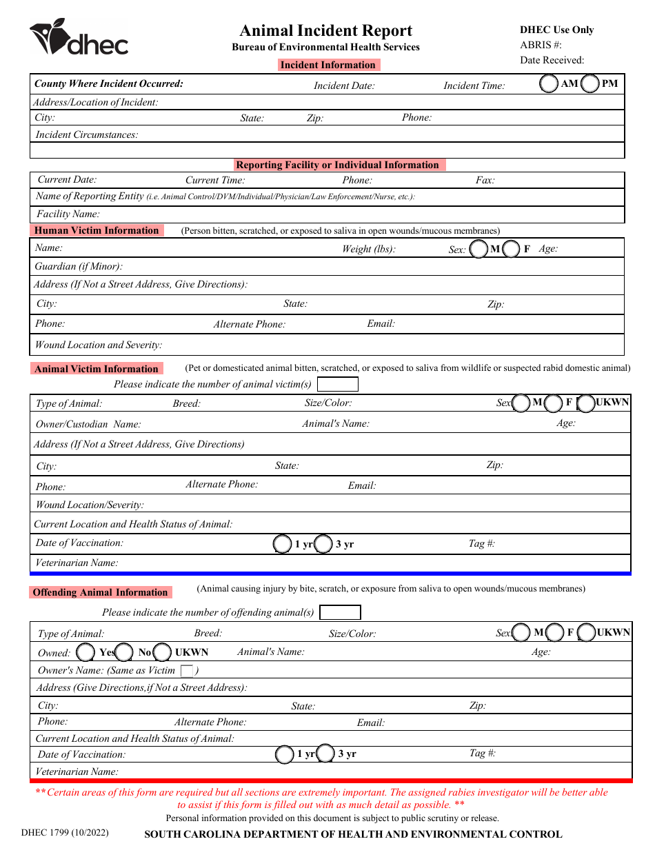 DHEC Form 1799 Download Fillable PDF or Fill Online Animal Incident ...