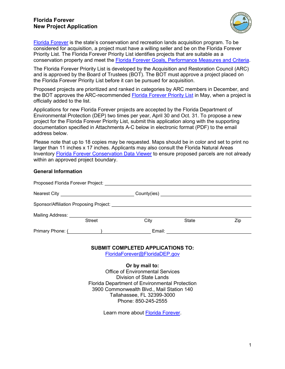 Florida New Project Application - Florida Forever - Fill Out, Sign ...