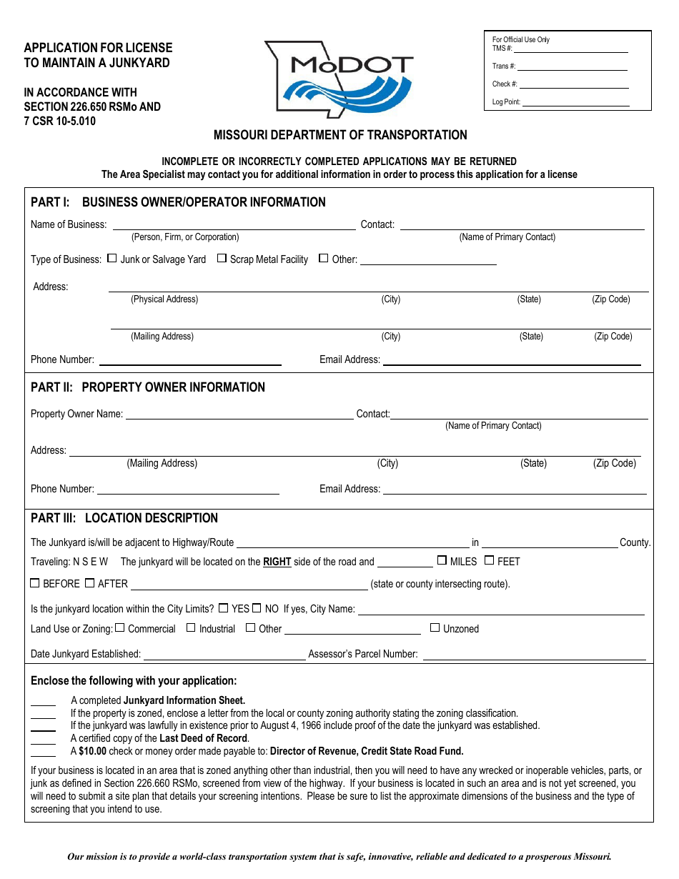 Missouri Application for License to Maintain a Junkyard Download ...