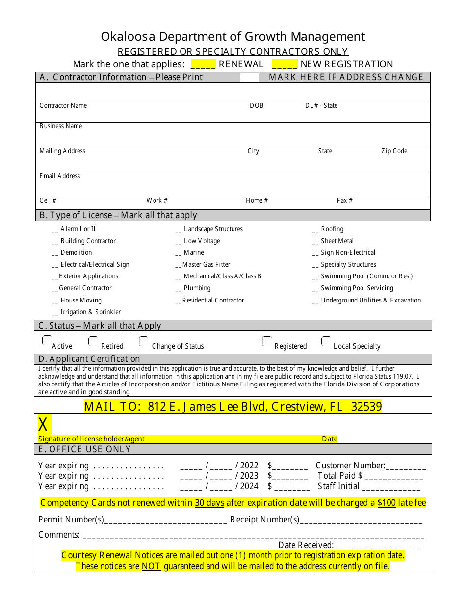 Okaloosa County, Florida Registered/Specialty Only Renewal Registration Application - Fill Out ...
