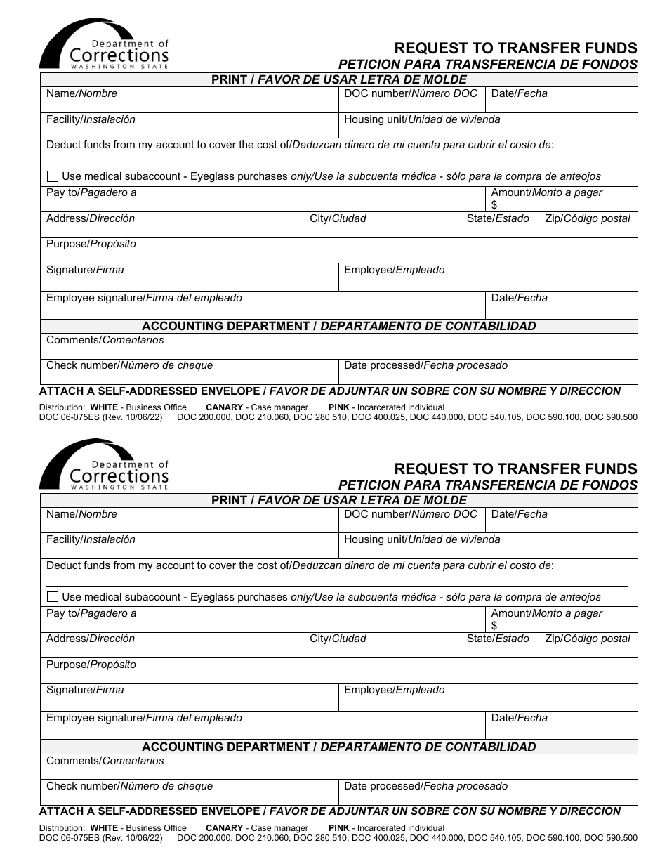 Form DOC06-075ES Download Printable PDF or Fill Online Request to Transfer Funds, Washington ...