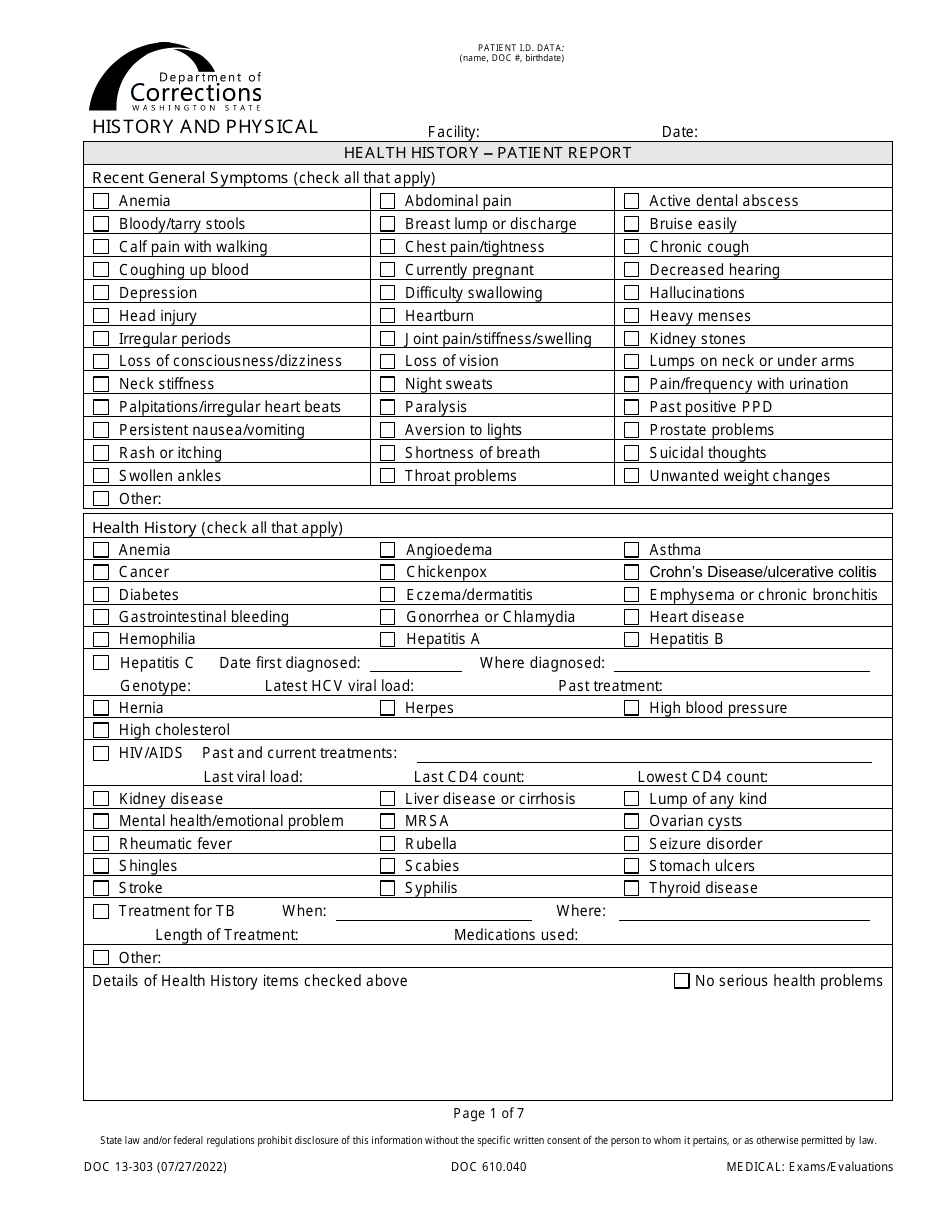 Form DOC13-303 Download Printable PDF or Fill Online History and ...