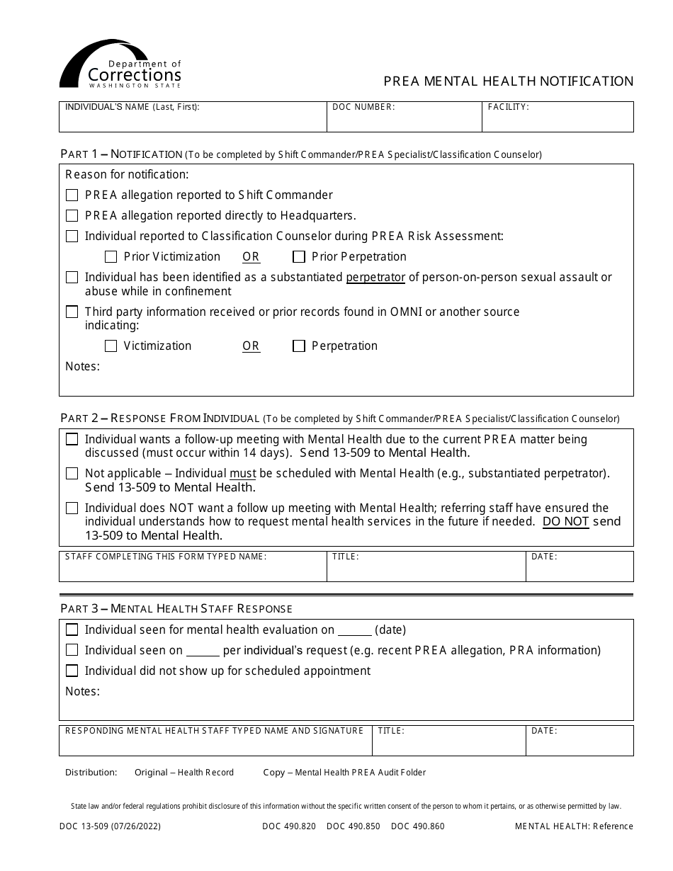 Form DOC13-509 Download Printable PDF or Fill Online Prea Mental Health ...