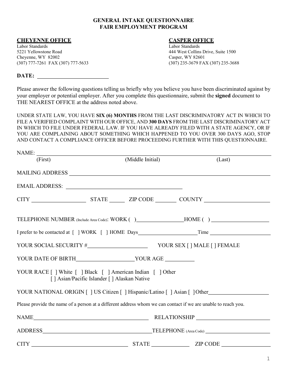 Wyoming General Intake Questionnaire - Fair Employment Program - Fill ...