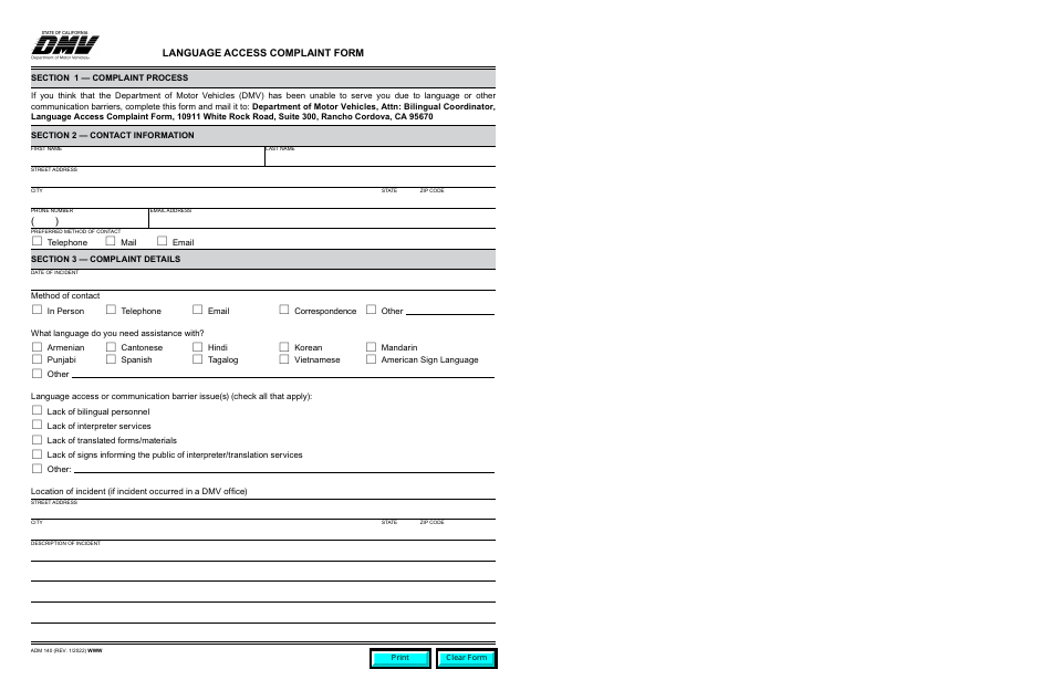 Form ADM140 Download Fillable PDF or Fill Online Language Access ...
