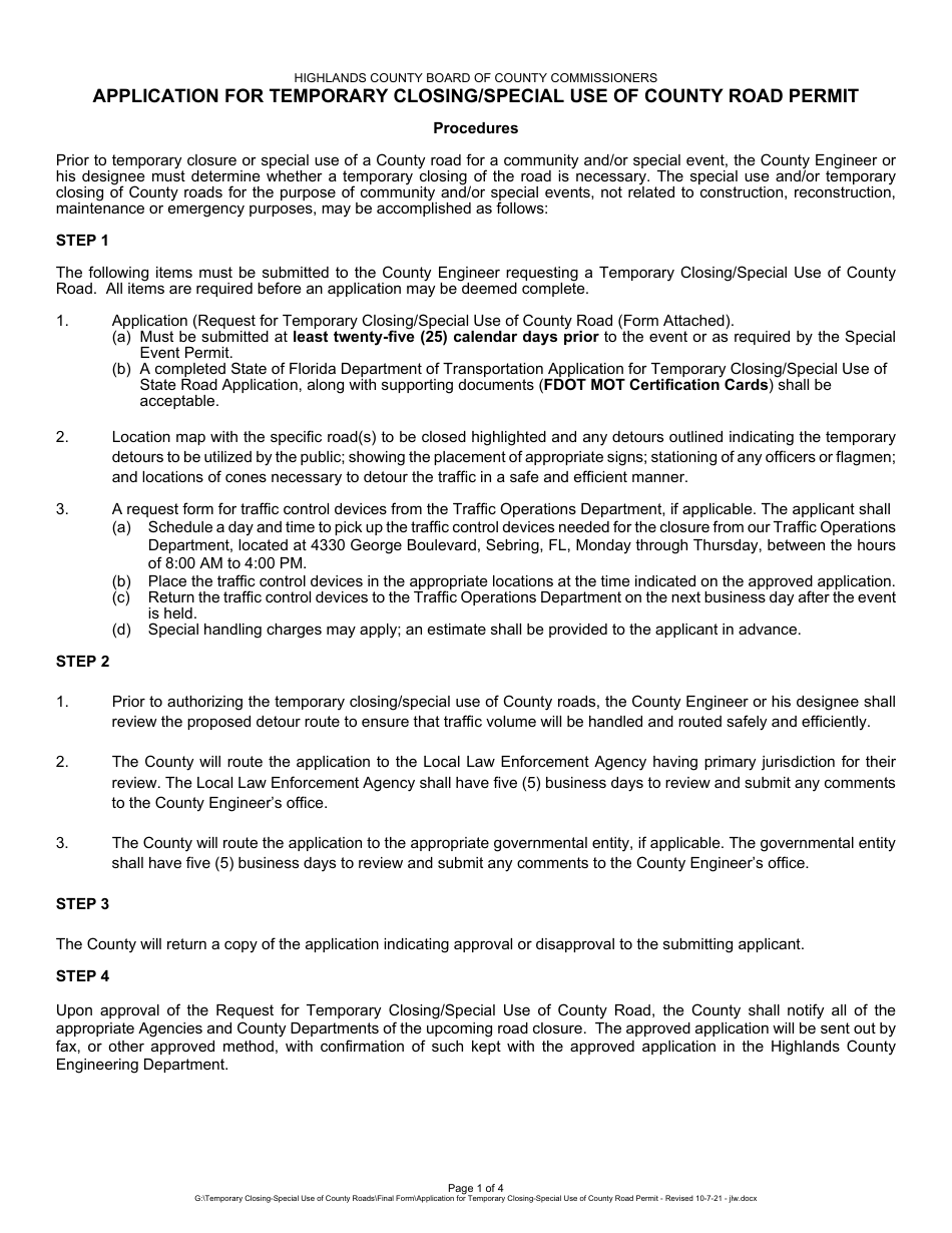 Highlands County, Florida Application for Temporary Closing/Special Use ...
