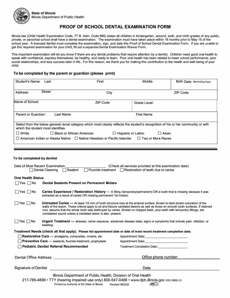 Illinois Proof of School Dental Examination Form Download Fillable PDF ...