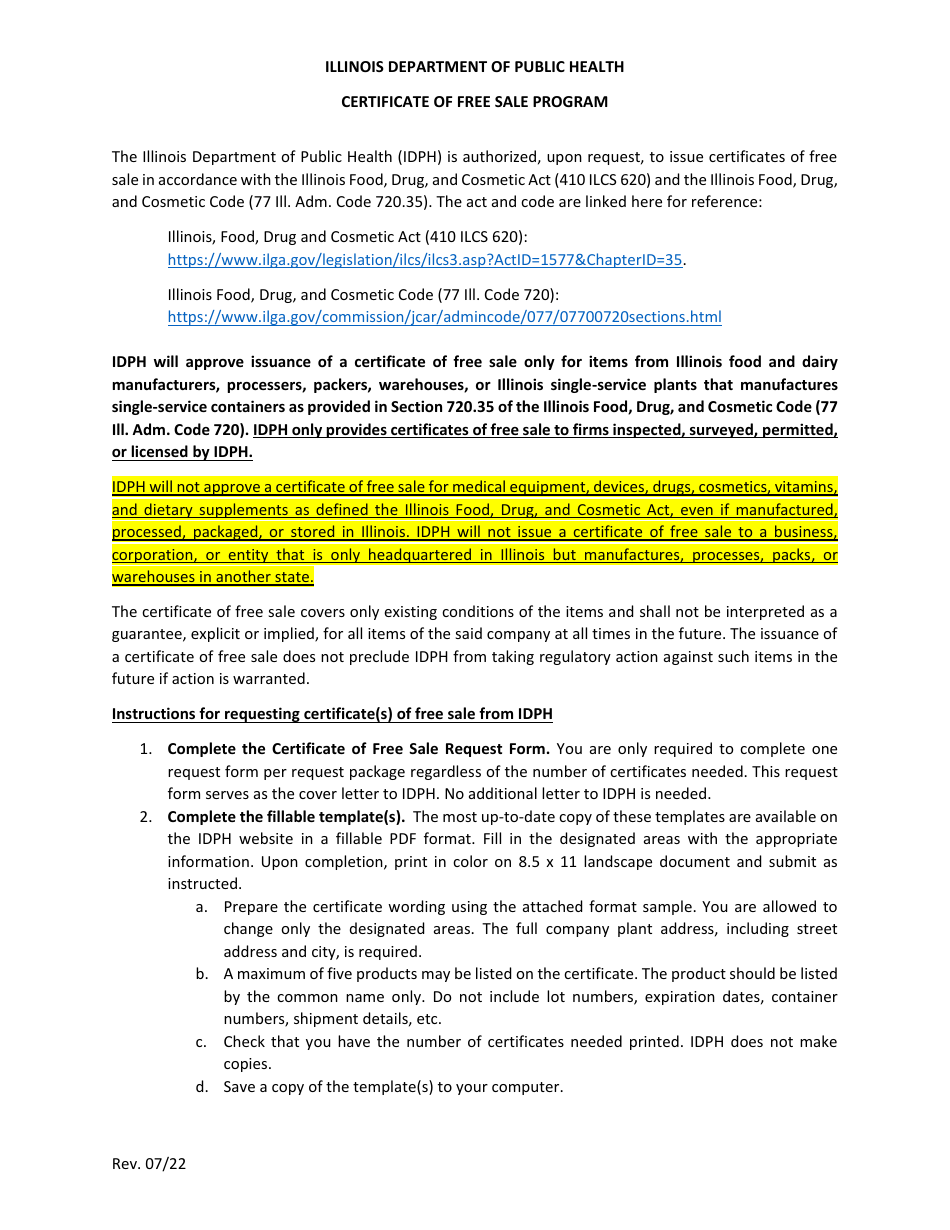Illinois Certificate of Free Sale Request Form Download Fillable PDF ...