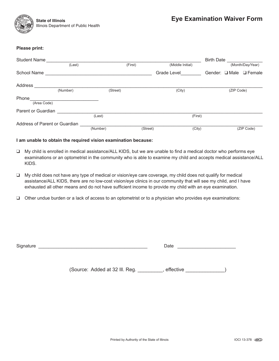 Illinois Eye Examination Waiver Form - Fill Out, Sign Online and ...