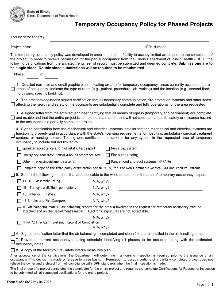 Form 482-0652 Download Fillable PDF or Fill Online Temporary Occupancy ...