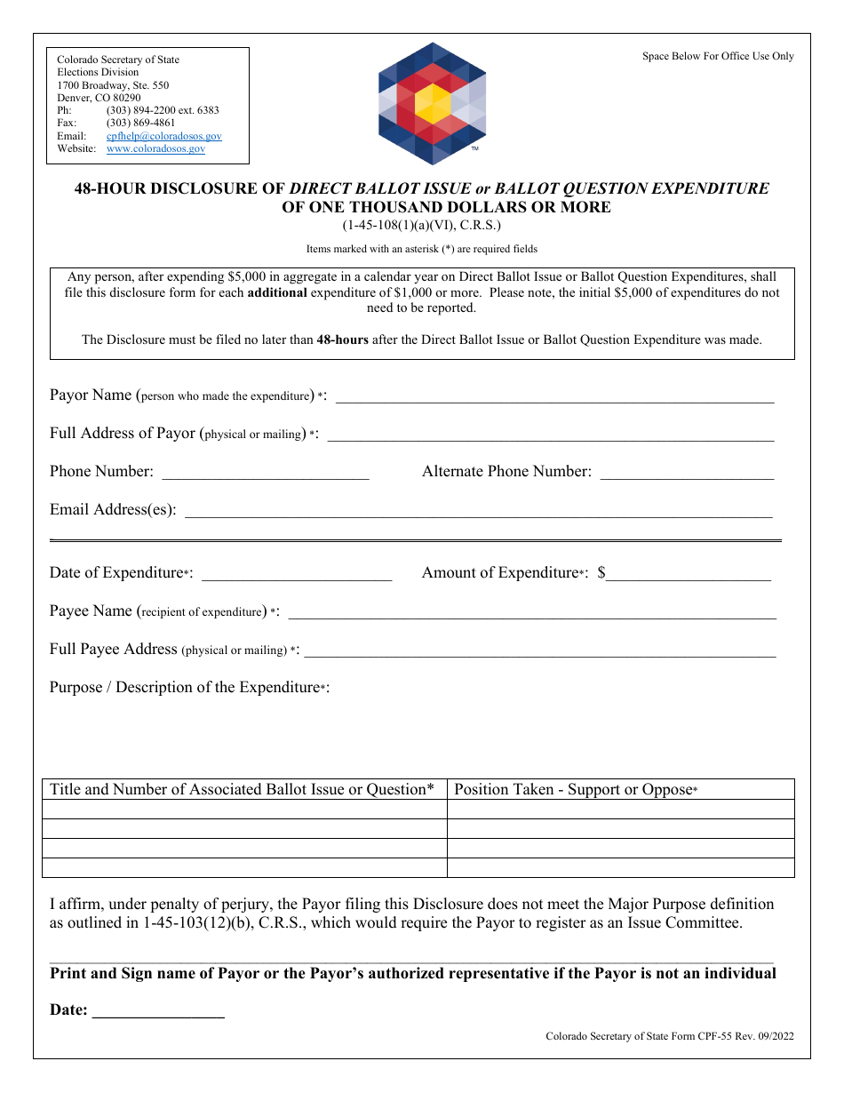 Form CPF-55 - Fill Out, Sign Online and Download Fillable PDF, Colorado ...
