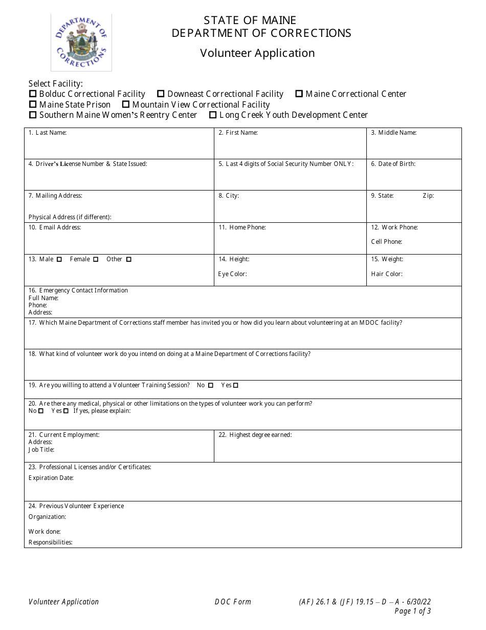 Maine Volunteer Application - Fill Out, Sign Online and Download PDF | Templateroller