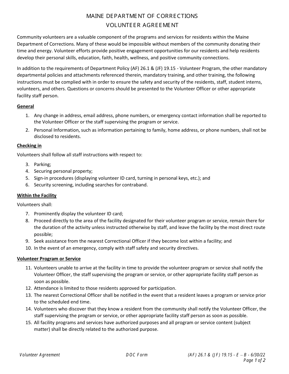 Maine Volunteer Agreement - Fill Out, Sign Online and Download PDF | Templateroller