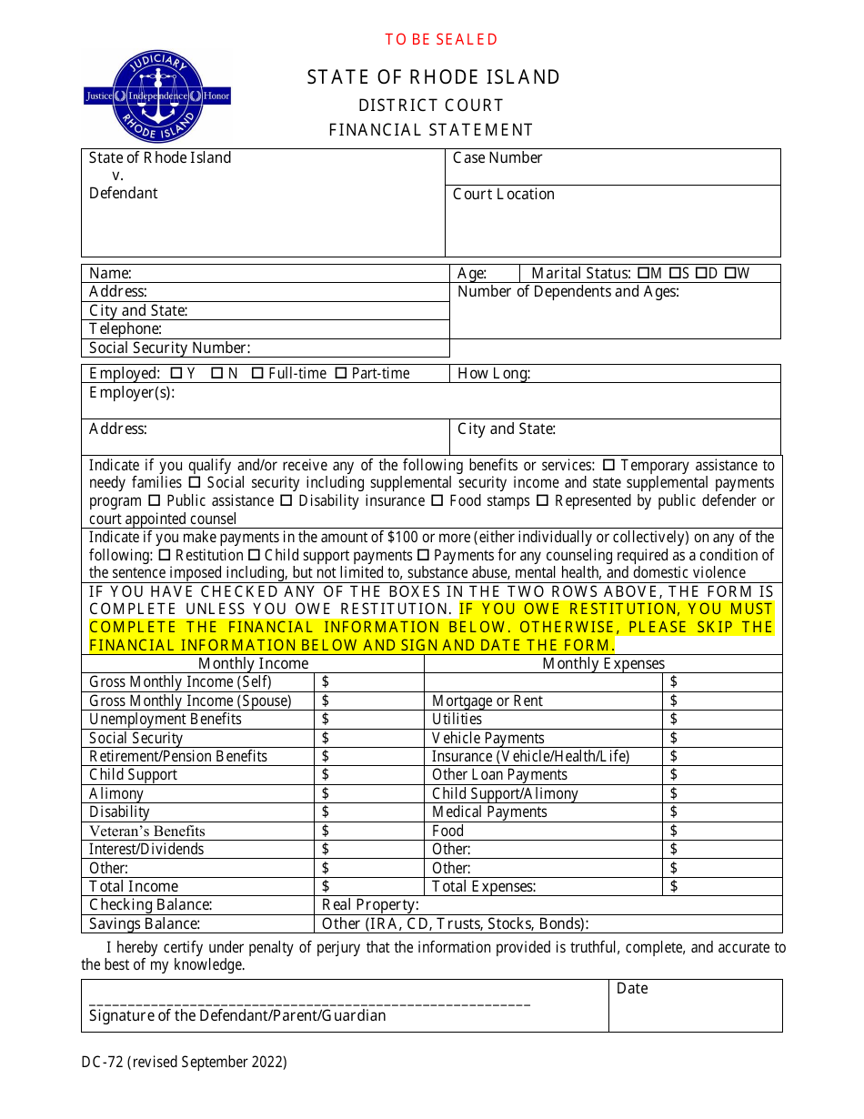 Form DC-72 - Fill Out, Sign Online and Download Fillable PDF, Rhode ...