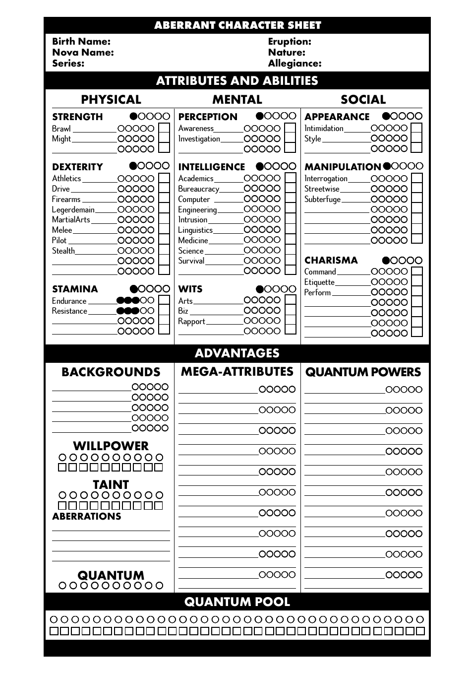 Character Sheet - Aberrant Download Printable PDF | Templateroller