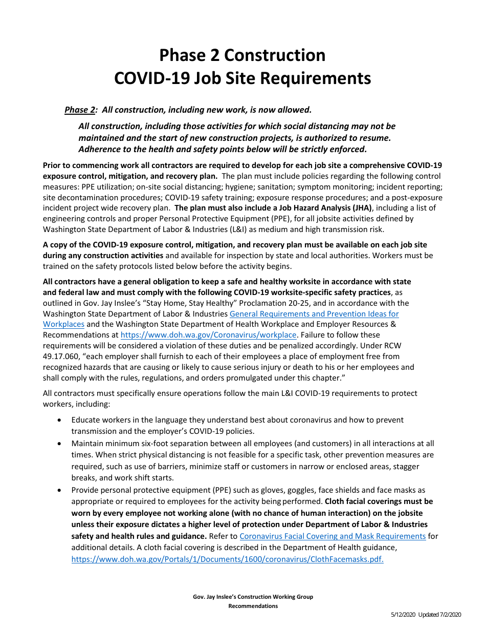 Washington Phase 2 Construction Covid-19 Job Site Requirements - Fill ...