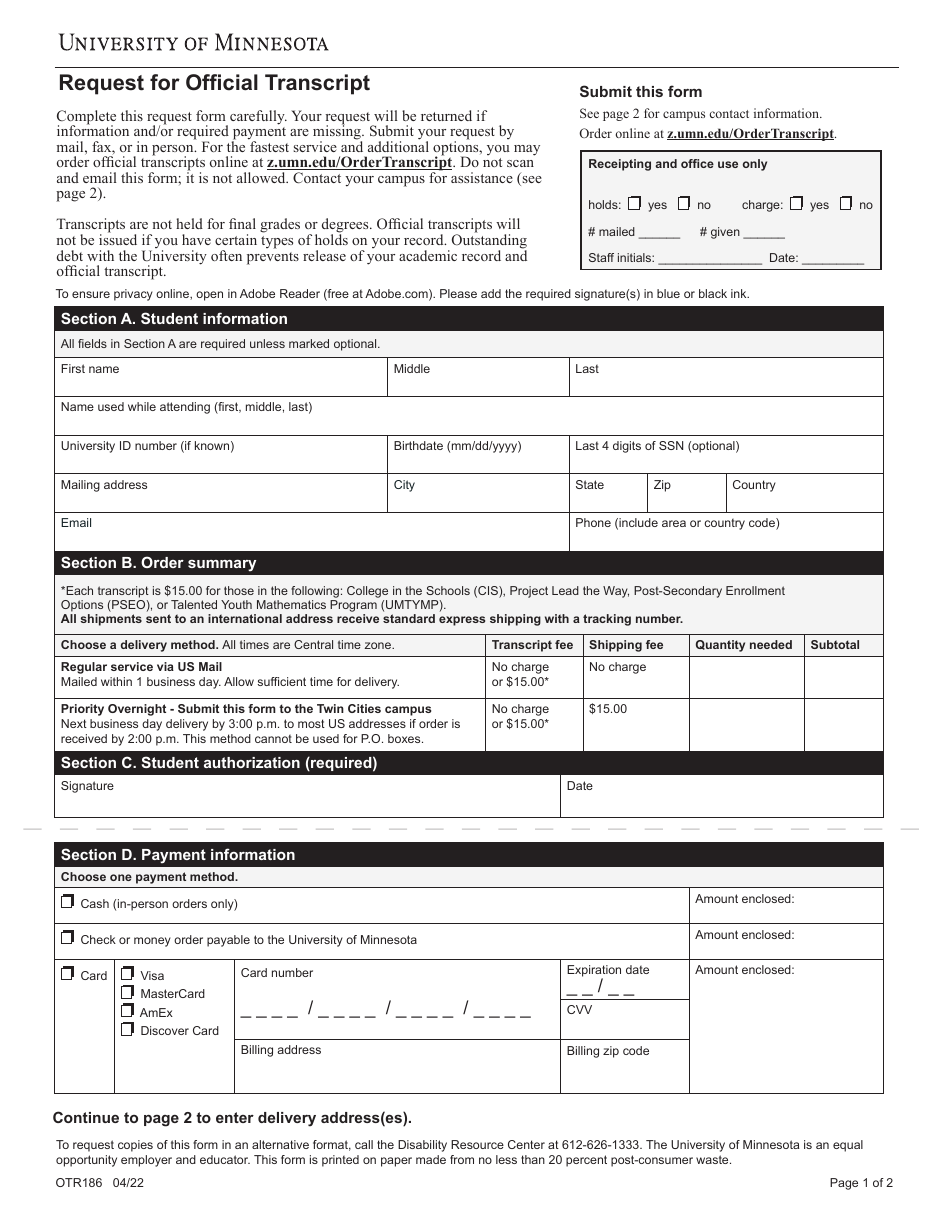 Minnesota Request for Official Transcript - University of Minnesota ...