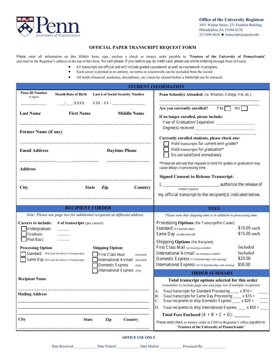 Pennsylvania Official Paper Transcript Request Form - University of ...