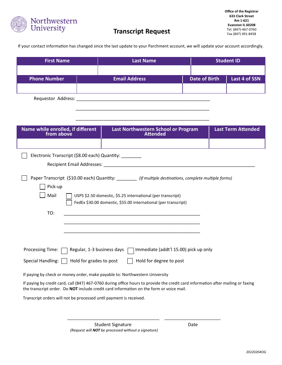 Illinois Transcript Request - Northwestern University Download Fillable ...