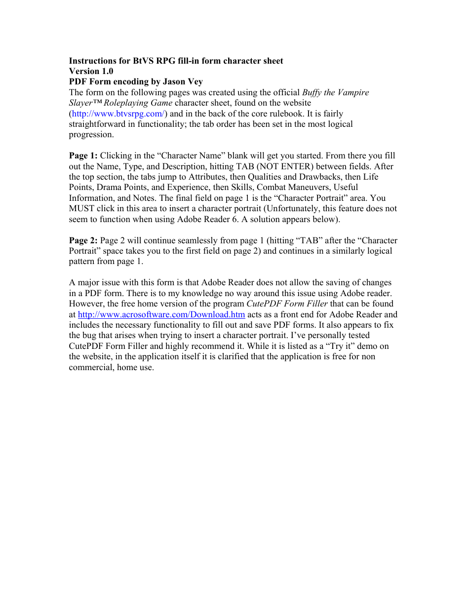 Buffy the Vampire Slayer Roleplaying Game Character Sheet Download Fillable PDF | Templateroller