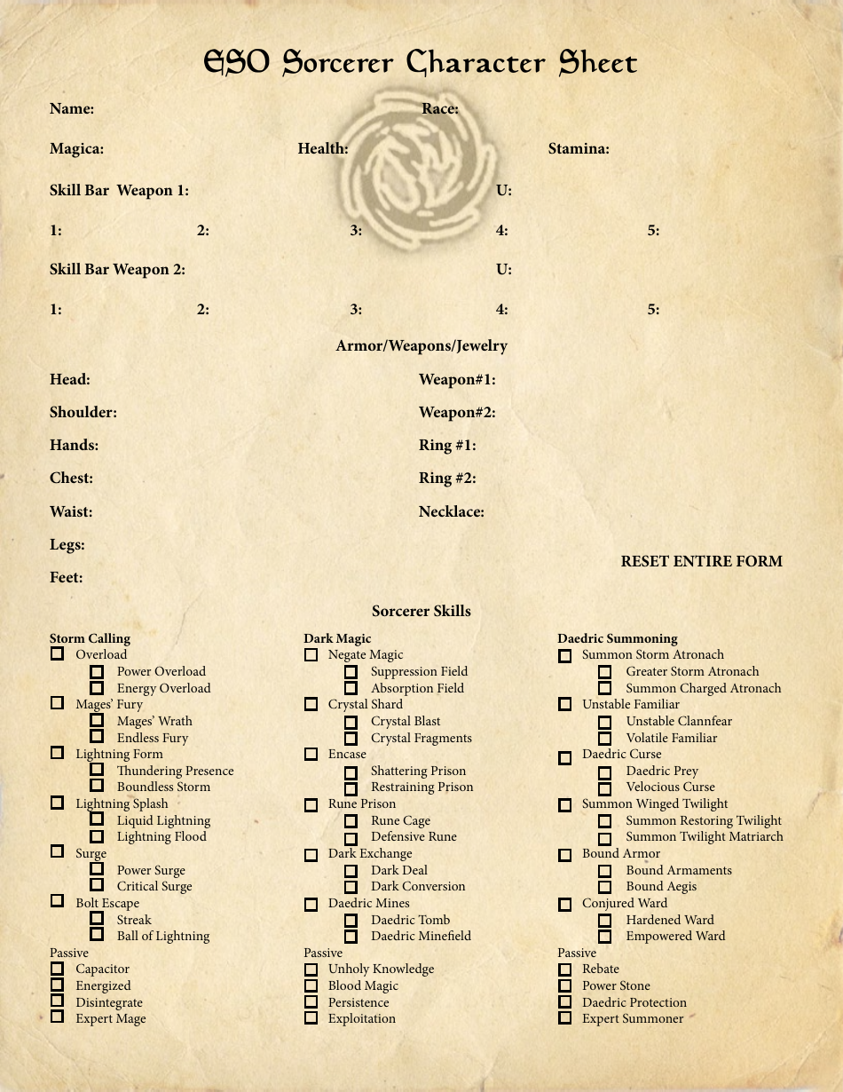 Sorcerer Character Sheet Example