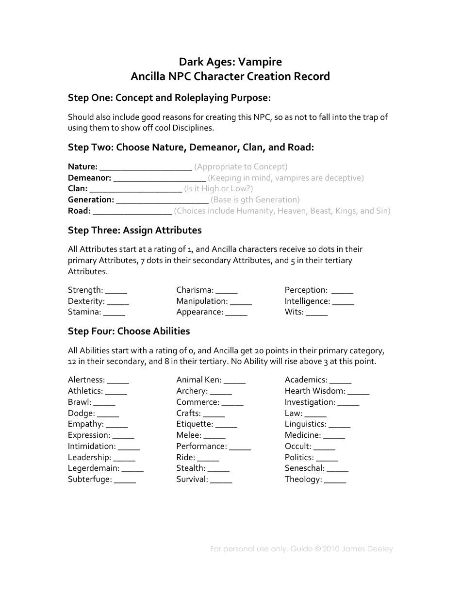 Vampire: the Dark Ages Npc Character Sheet Download Fillable PDF ...