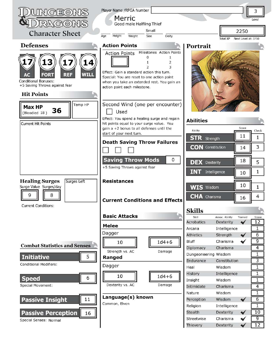 Dungeons & Dragons Good Halfling Thief Character Sheet Download ...