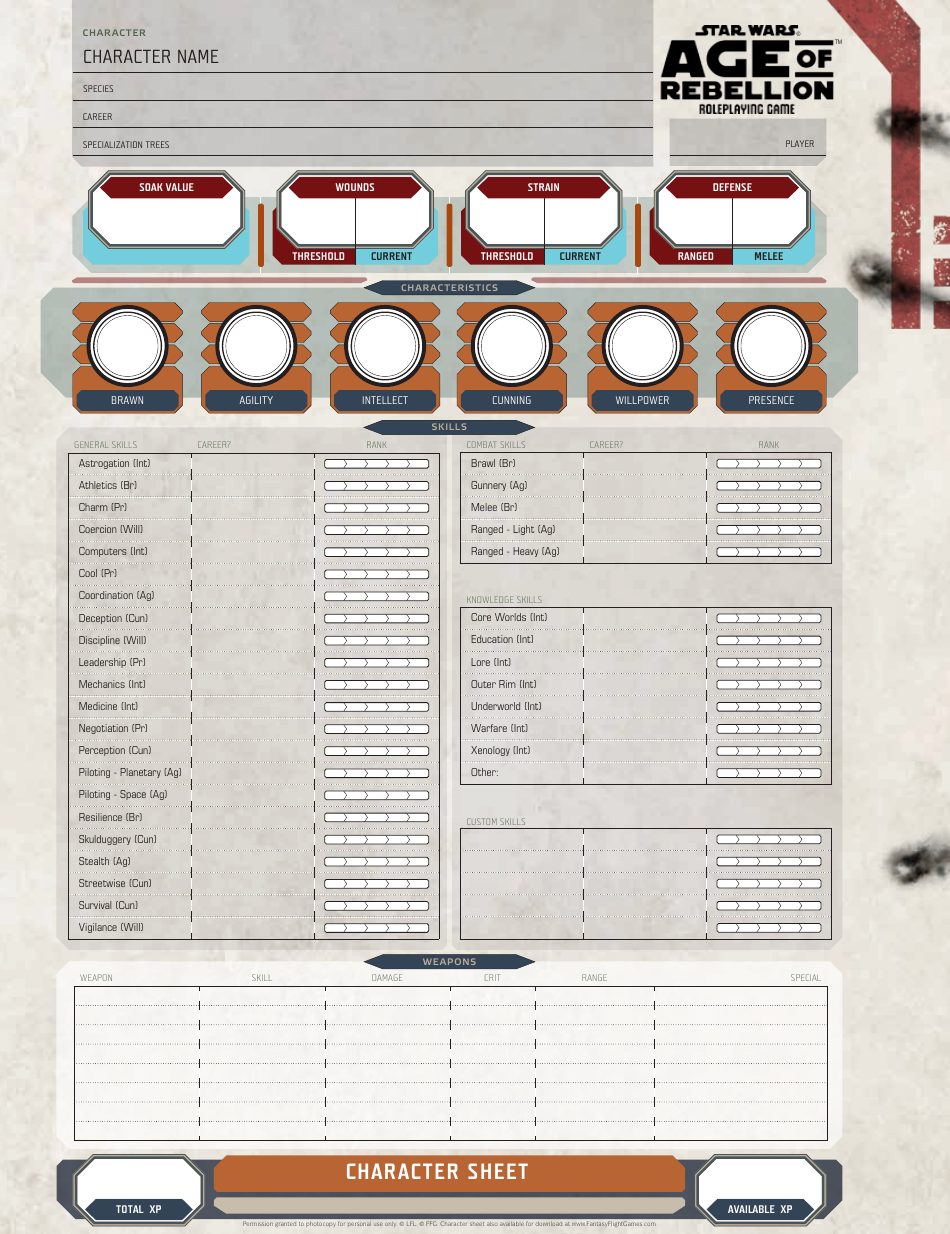 Star Wars Age of Rebellion Character Sheet Download Printable PDF ...
