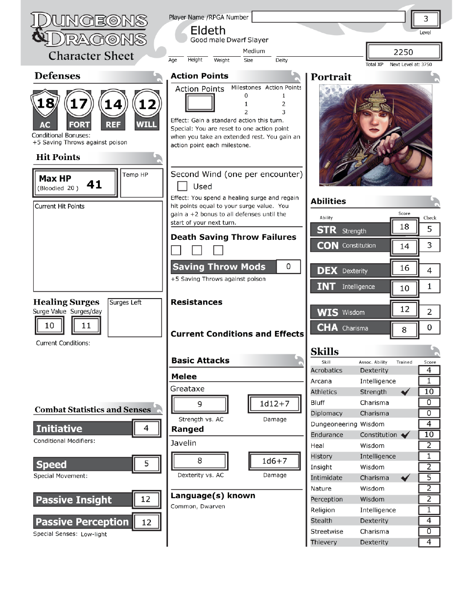 D&d Dwarf Slayer Character Sheet Download Printable PDF | Templateroller