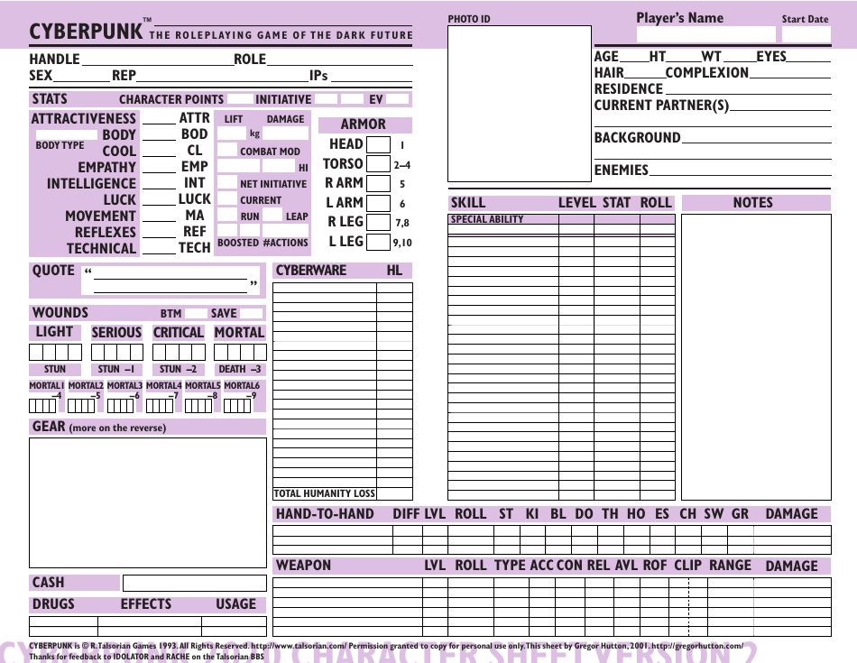 Cyberpunk Character Sheet - Purple Download Printable PDF | Templateroller