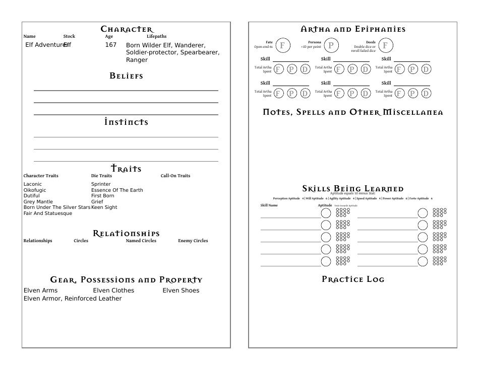 The Burning Wheel Elf Adventurer Character Sheet Download Printable PDF ...
