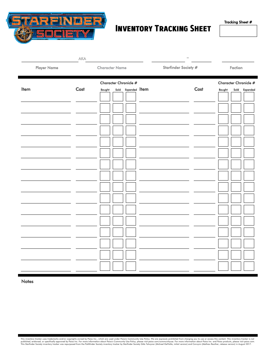 Starfinder Society Character Inventory Tracking Sheet Download Fillable ...