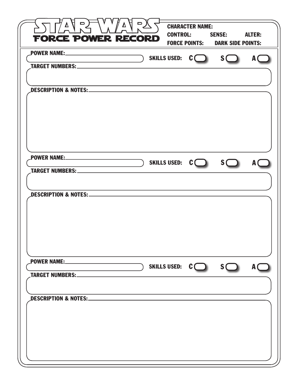 Star Wars Role Playing Game Force Power Record Sheet Download Fillable ...