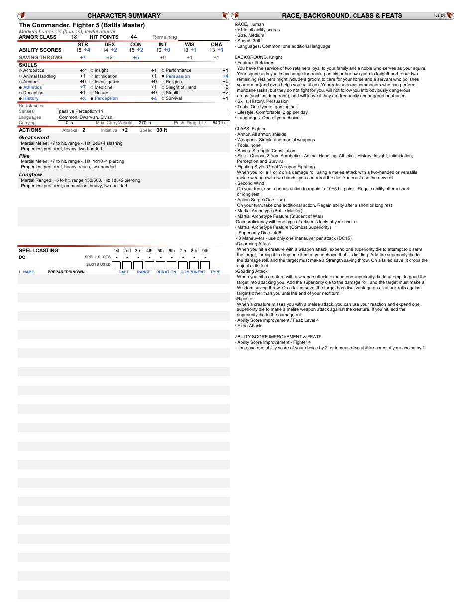 Battle Master Character Summary Sheet Download Printable PDF ...