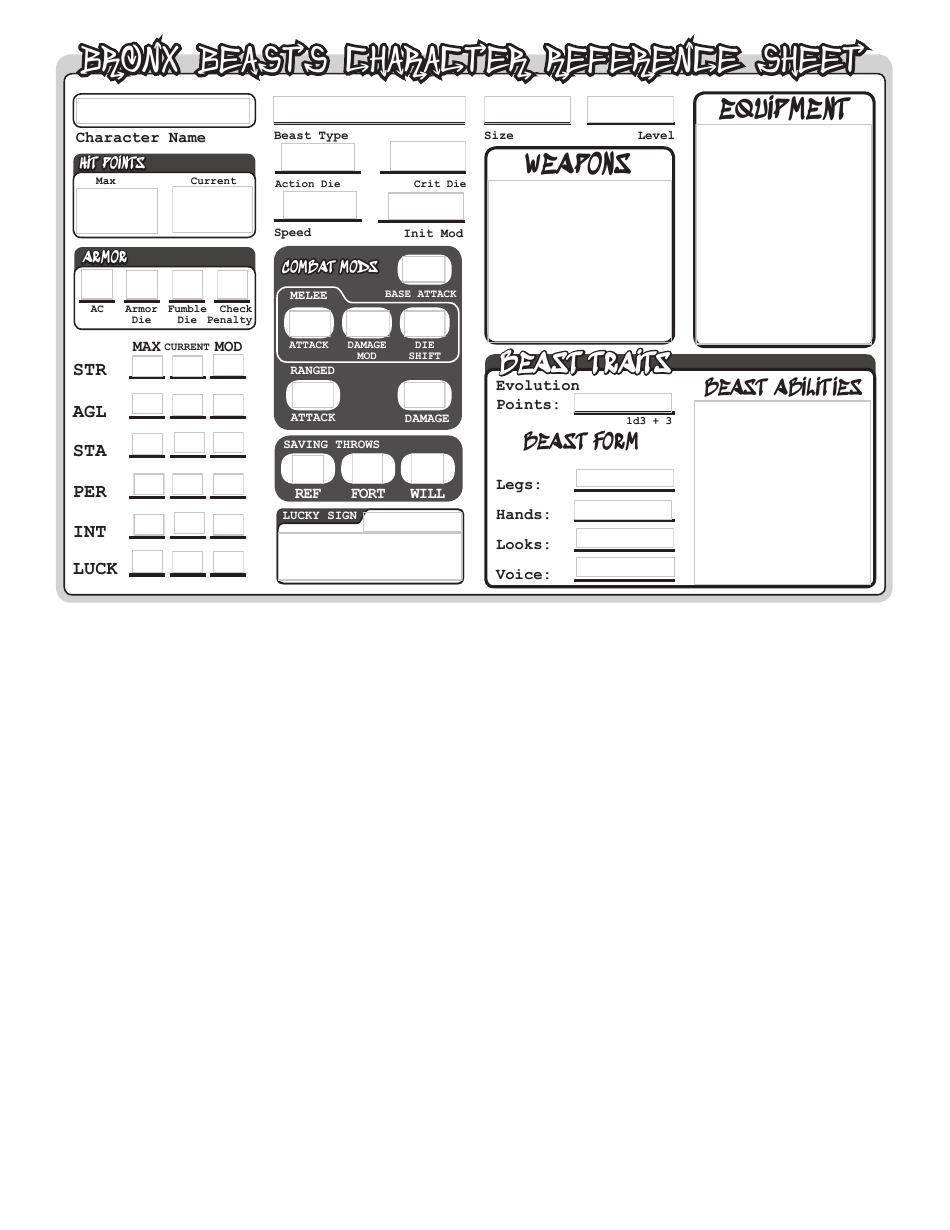 Bronx Beasts Character Sheet Download Fillable PDF | Templateroller