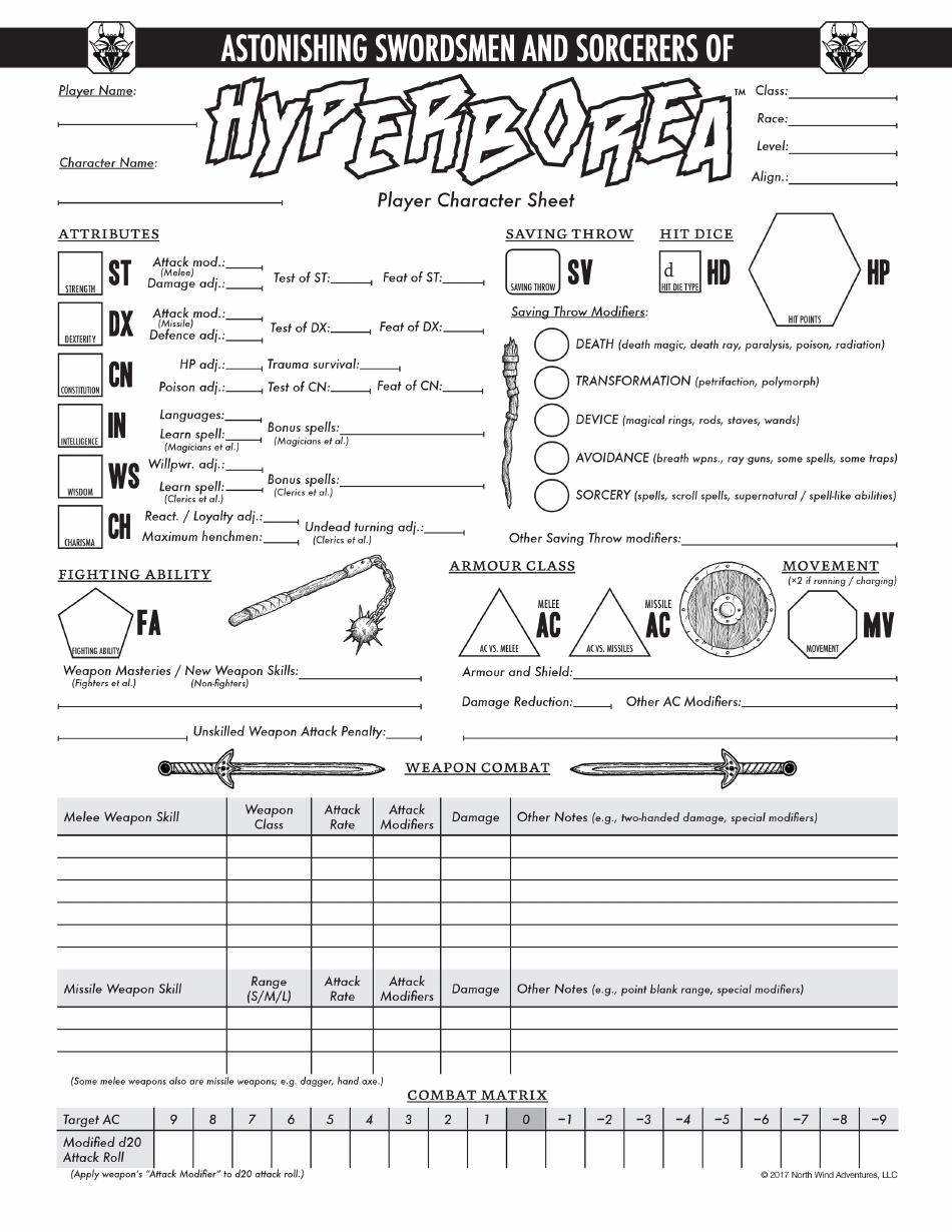 Hyperborea Swordsman/Sorcerer Character Sheet Download Fillable PDF | Templateroller
