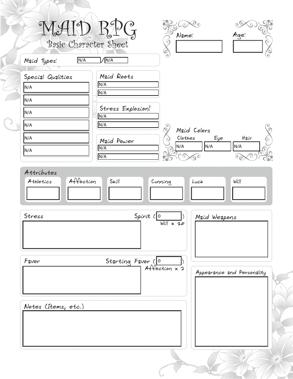 Maid Rpg Basic Character Sheet - Interactive Download Fillable PDF | Templateroller