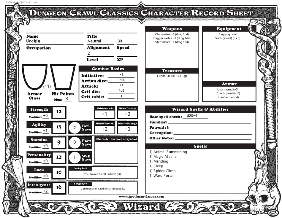 Dungeon Crawl Classics Wizard Character Sheet Download Printable PDF ...