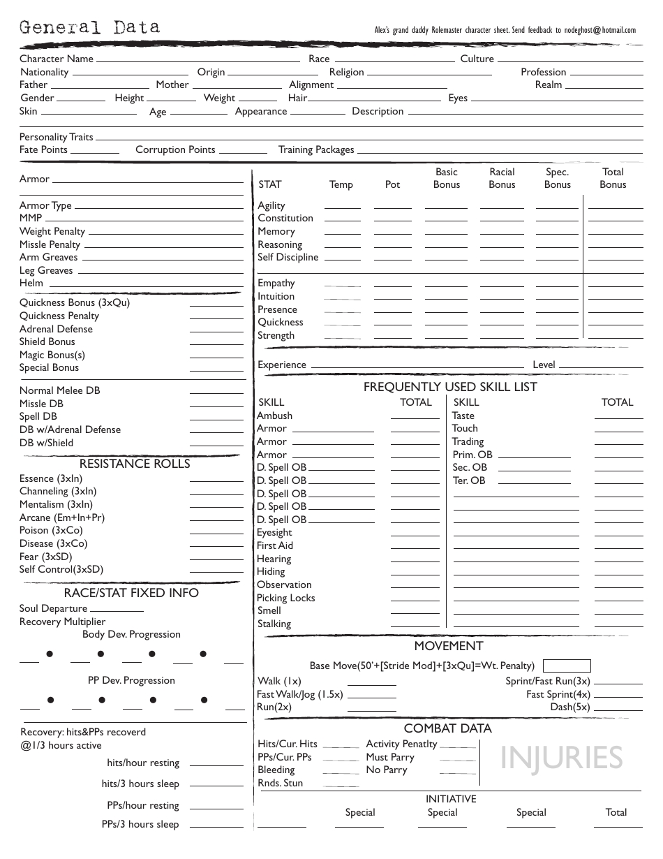 Rolemaster Character Sheet Download Printable PDF | Templateroller