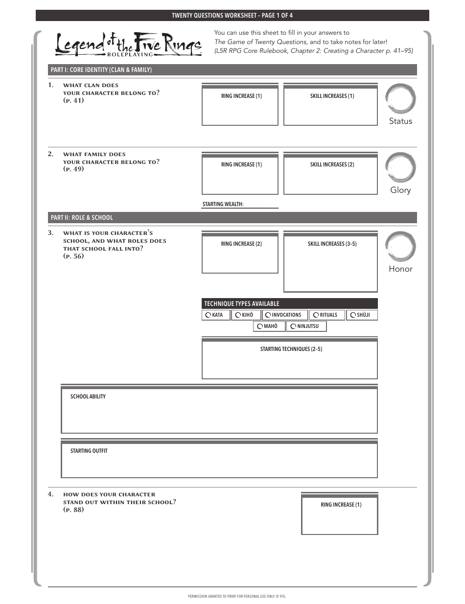 Legend of the Five Rings Character Worksheet Download Printable PDF ...