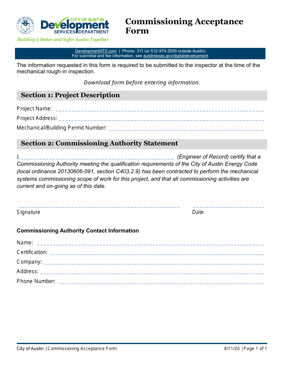 City of Austin, Texas Commissioning Acceptance Form - Fill Out, Sign ...
