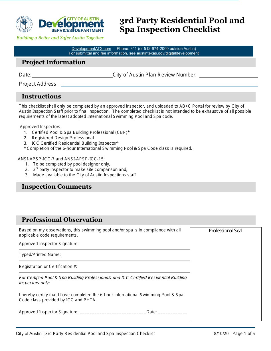 City of Austin, Texas 3rd Party Residential Pool and SPA Inspection ...