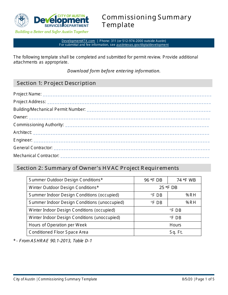 City of Austin, Texas Commissioning Summary Template - Fill Out, Sign ...