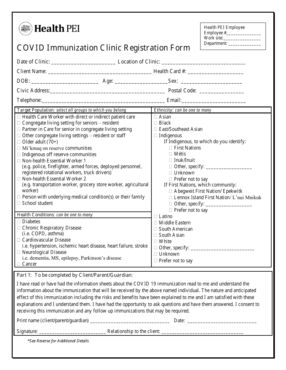 Prince Edward Island Canada Covid Immunization Clinic Registration Form ...