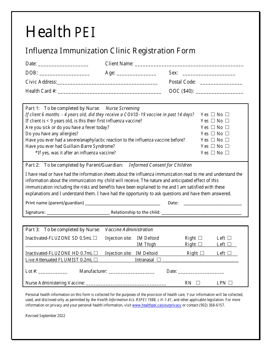 Prince Edward Island Canada Influenza Immunization Clinic Registration ...