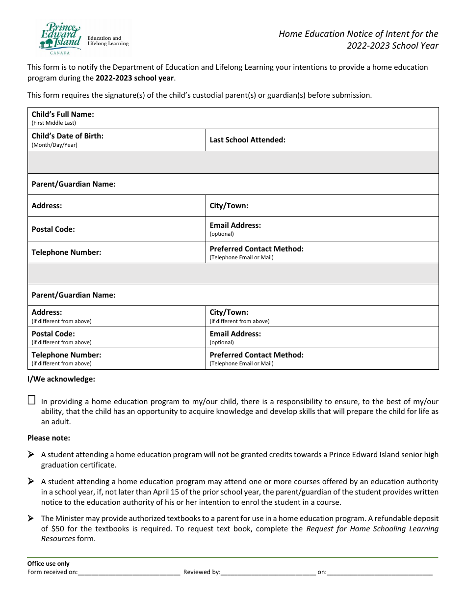 2023 Prince Edward Island Canada Home Education Notice of Intent - Fill ...