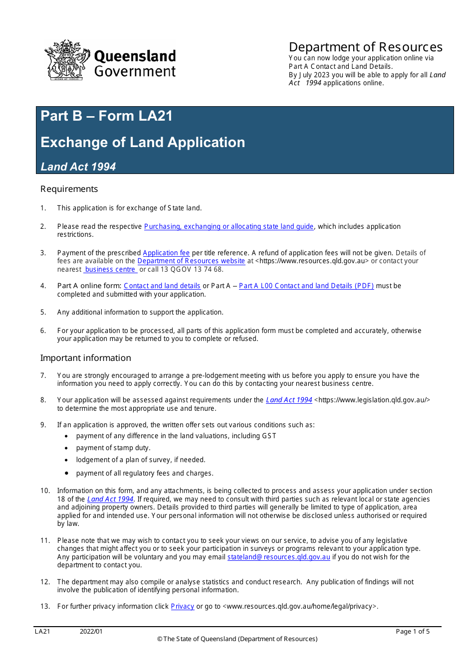 Form LA21 Part B Download Printable PDF or Fill Online Exchange of Land ...