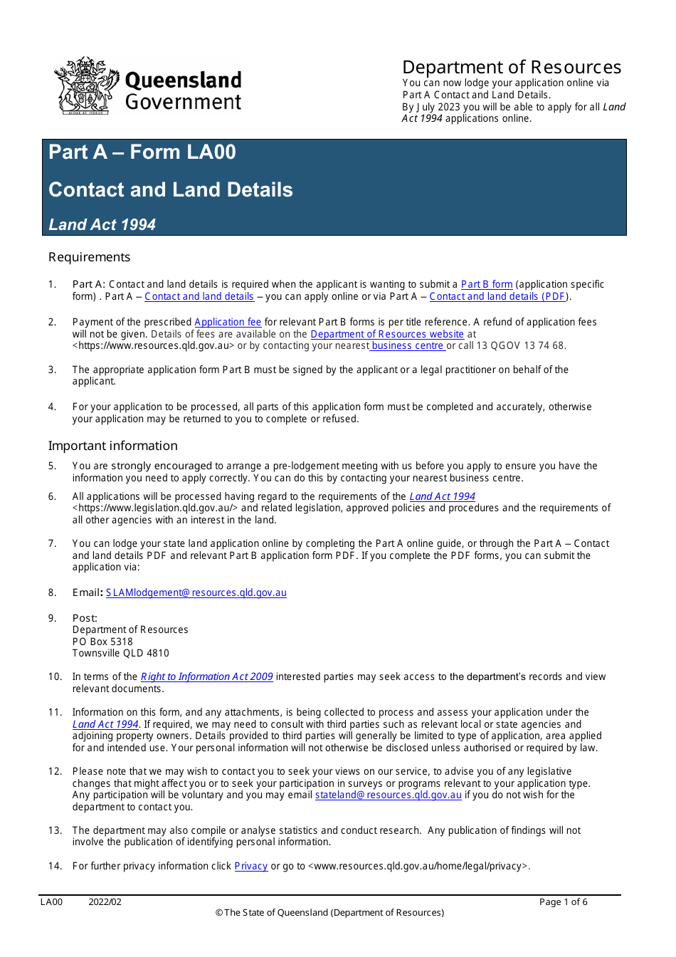 Form LA00 Part A - Fill Out, Sign Online and Download Printable PDF, Queensland Australia ...