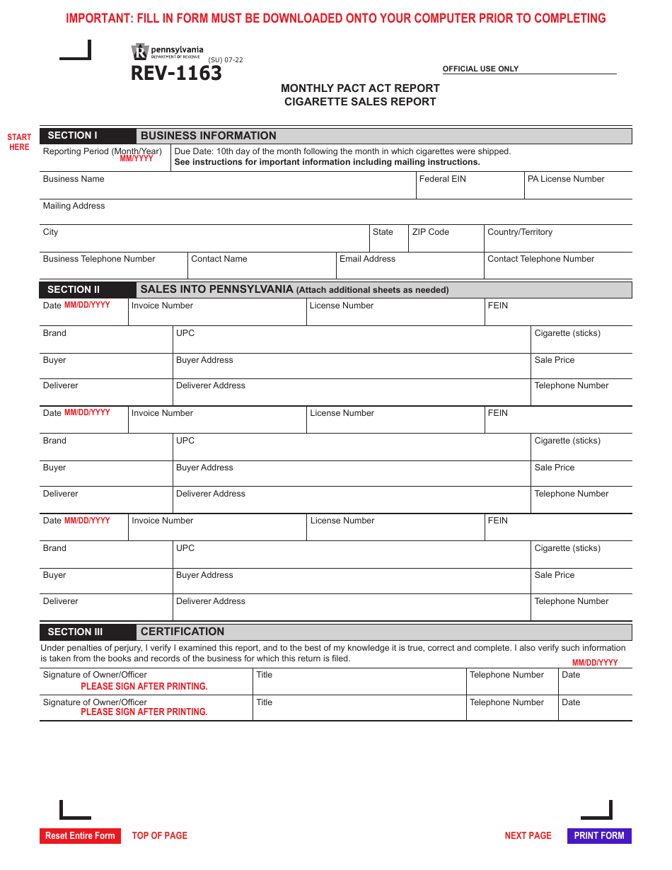 Form REV-1163 Download Fillable PDF or Fill Online Monthly Pact Act ...