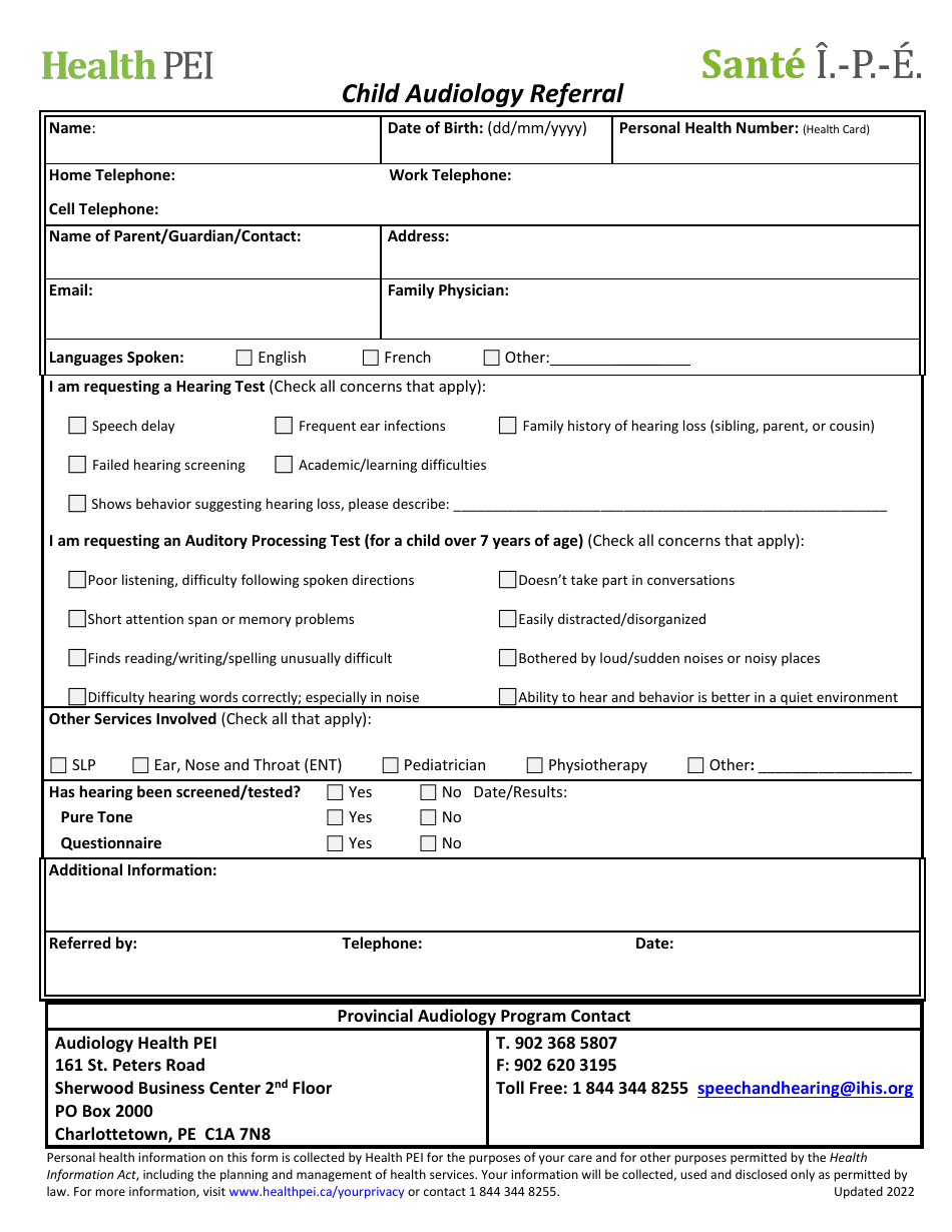 Prince Edward Island Canada Child Audiology Referral - Fill Out, Sign Online and Download PDF ...